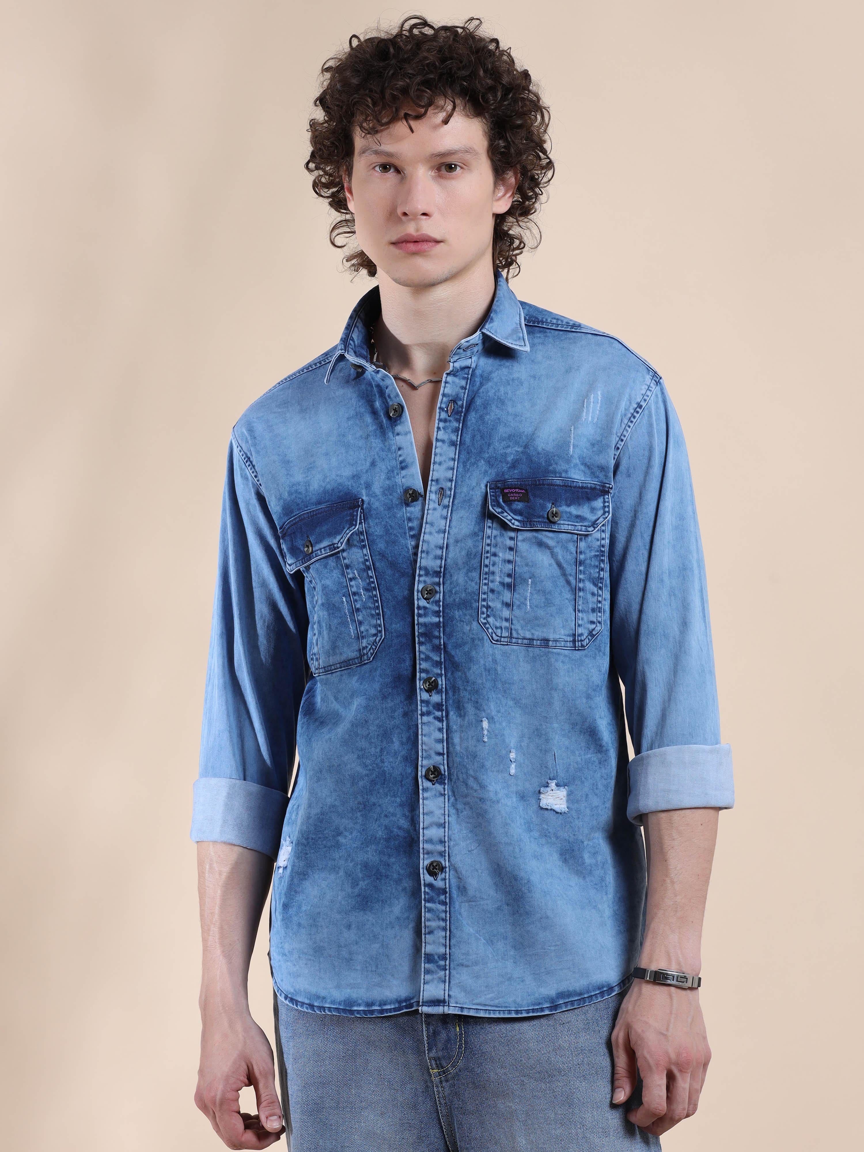 Shop Tealish Blue Denim Jeans Shirt for Mens Online – Bevdaas